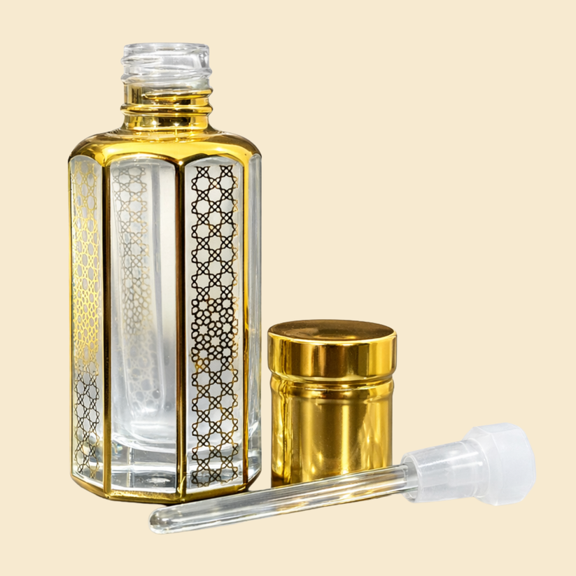 Hexagonal Glass Attar Bottle with Golden Cap & Glass Stick – AM Fragrances